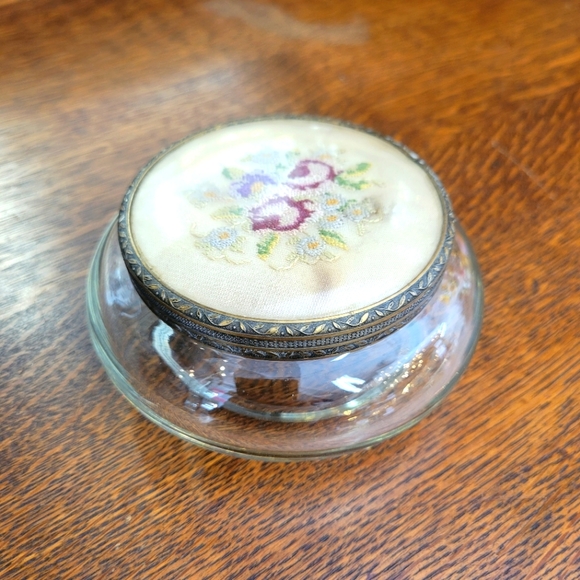 Accents | Vintage Glass Powder Jar With Embroidered Floral Metal Lid ...
